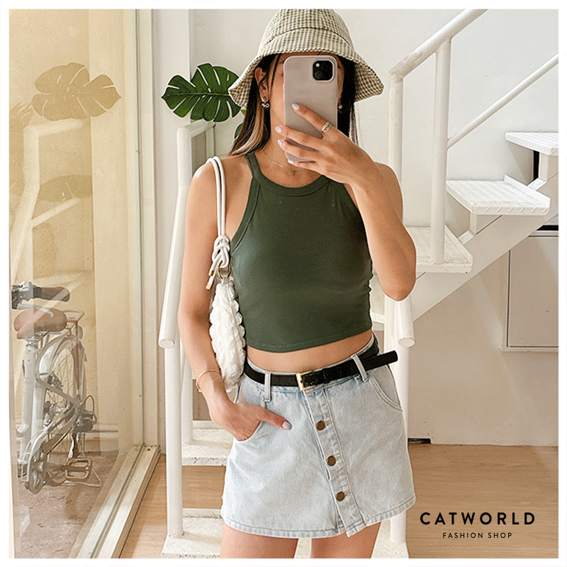 短版削肩素面背心BRA TOP (正常背/美背可選)-Catworld