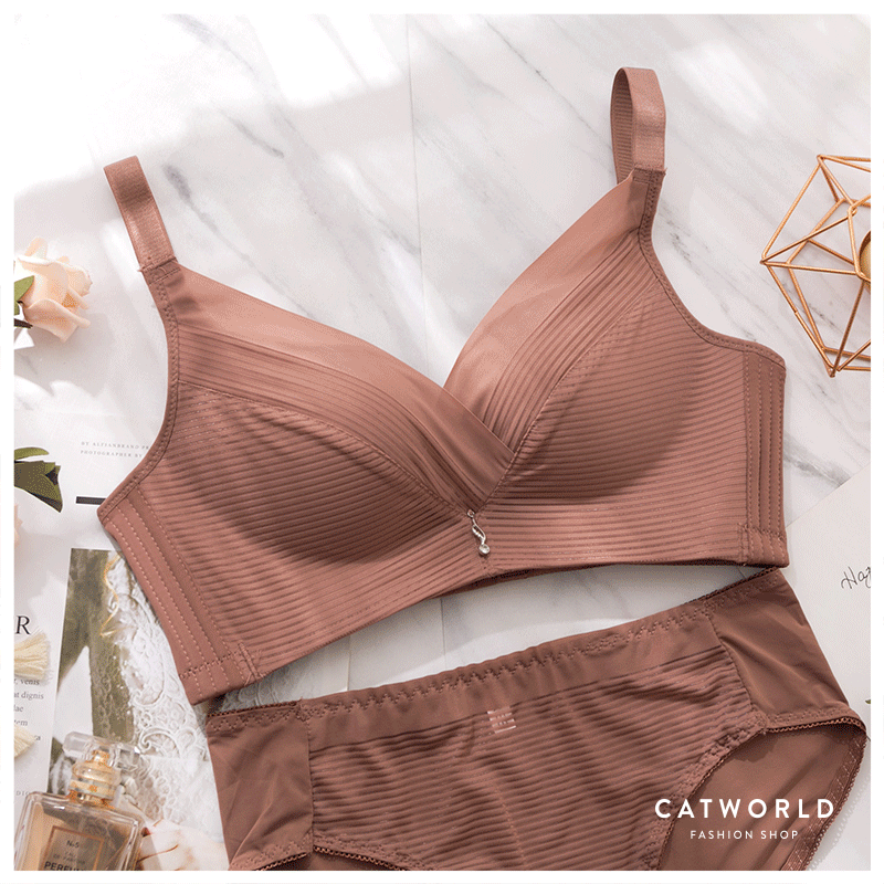 靜謐時光。無鋼圈橫紋網紗V字調整型內衣（咖啡）AB.C杯-Catworld